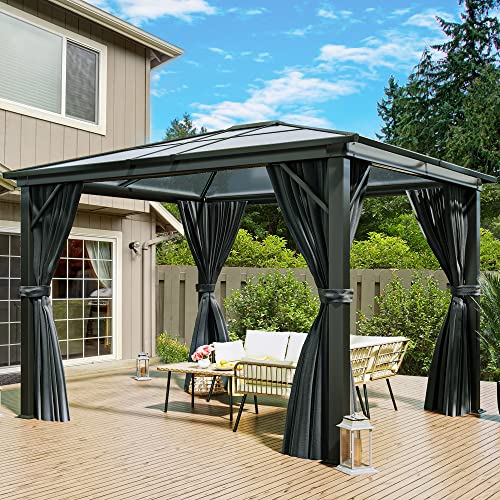 YITAHOME 10x12ft Hardtop Gazebo Outdoor Polycarbonate Canopy with Netting and Shaded Curtains, Aluminum Frame Garden Tent for Patio, Backyard, Deck and Lawns