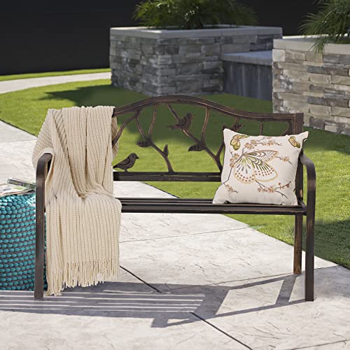 Sophia & William Outdoor Garden Park Bench Patio Metal Bench, Steel Frame Bench with Backrest and Armrests for Porch, Lawn, Balcony, Backyard and Indoor, Bronze