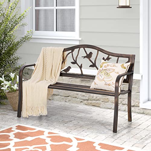 Sophia & William Outdoor Garden Park Bench Patio Metal Bench, Steel Frame Bench with Backrest and Armrests for Porch, Lawn, Balcony, Backyard and Indoor, Bronze