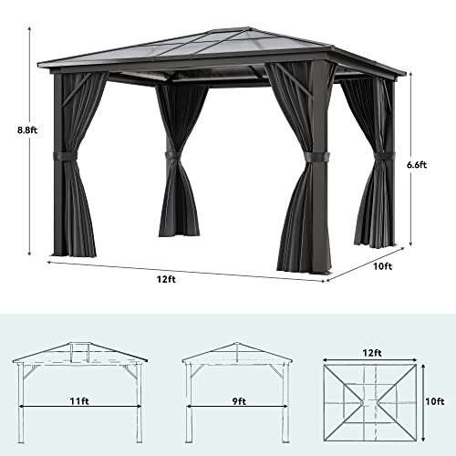 YITAHOME 10x12ft Hardtop Gazebo Outdoor Polycarbonate Canopy with Netting and Shaded Curtains, Aluminum Frame Garden Tent for Patio, Backyard, Deck and Lawns