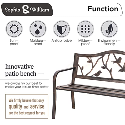 Sophia & William Outdoor Garden Park Bench Patio Metal Bench, Steel Frame Bench with Backrest and Armrests for Porch, Lawn, Balcony, Backyard and Indoor, Bronze