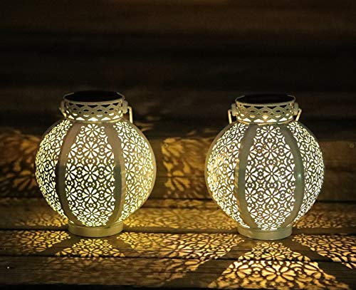 WSgift 2 Pack Hanging Solar Lantern Metal LED Table Lamp Outdoor Solar Hollow-Out Lights with Handle, 6 lumens, 6 x 6 x 6.7 Inch, White