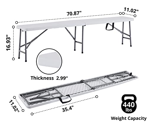 Naomi Home Resin Folding Soccer Bench, Foldable Garden Bench, Weatherproof White Bench, 6 Seat Narrow Folding Table, Outdoor Picnic Benches, 1.4 Feet Fold-Up Bench White