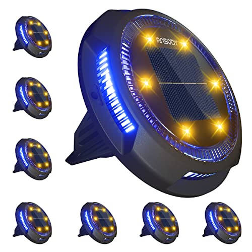 Ansody Solar Powered Ground Lights,6 LED+4 Blue Side Lights,14 Hrs Lighting 1000mA Battery IP65 Waterproof,Solar Driveway Garden Light,Landscape Lighting for Lawn Pathway Porch 8 Pack