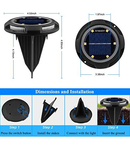 Ansody Solar Powered Ground Lights,6 LED+4 Blue Side Lights,14 Hrs Lighting 1000mA Battery IP65 Waterproof,Solar Driveway Garden Light,Landscape Lighting for Lawn Pathway Porch 8 Pack