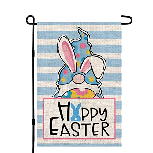 Happy Easter Gnome Garden Flag Double Sided Vertical Burlap 12×18 Inch Holiday Stripes Banners, Spring Rustic Farmhouse Yard Outdoor Decoration DF025