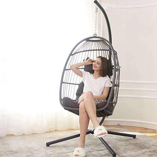OUTPLATIO Egg Chair Outdoor Indoor with Cushion Swing Chairs for Outside Bedroom Patio Porch Garden Rattan Wicker Hanging Egg Chair Basket Chair 350 lbs Capacity (Dark Grey)