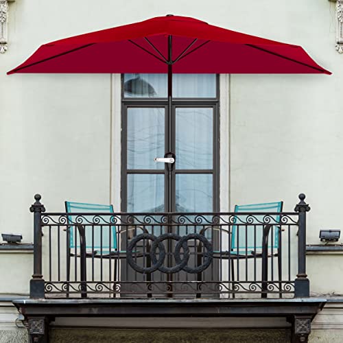 Pure Garden 9-Foot Half Patio Umbrella β Easy Crank Semicircle Opening Shade Canopy β For Against a Wall, Porch, or Balcony Furniture (Red)