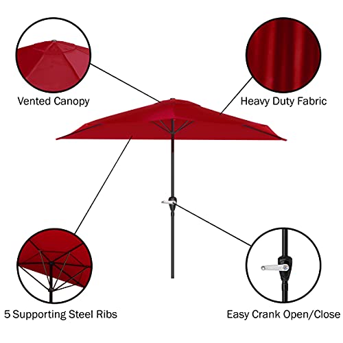 Pure Garden 9-Foot Half Patio Umbrella β Easy Crank Semicircle Opening Shade Canopy β For Against a Wall, Porch, or Balcony Furniture (Red)