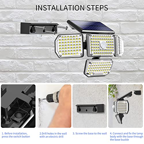 Solar Light Outdoor Motion Sensor Flood Light, 214 LED 500LM Security Light Wall Light Porch Light IP65 Waterproof 4 Adjustable Heads 340°Wide Angle with 3 Optional Modes Lighting for Garden (2 Pack)