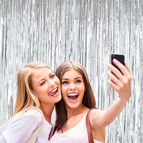 Twinkle Star 2 Pack Photo Booth Backdrop Metallic Tinsel Foil Fringe Curtains Environmental Background for Birthday Wedding Party Christmas Decorations (Silver)