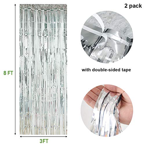 Twinkle Star 2 Pack Photo Booth Backdrop Metallic Tinsel Foil Fringe Curtains Environmental Background for Birthday Wedding Party Christmas Decorations (Silver)