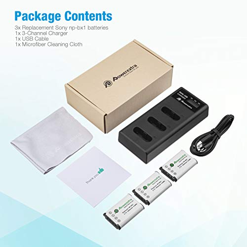 Powerextra NP-BX1 Battery 3 Pack and 3-Channel USB Charger for Sony NP-BX1 and Sony Cyber-Shot DSC-RX100, DSC-RX100 II, DSC-RX100M II, DSC-RX100 III, DSC-RX100 IV, DSC-RX100 V/VII, ZV-1