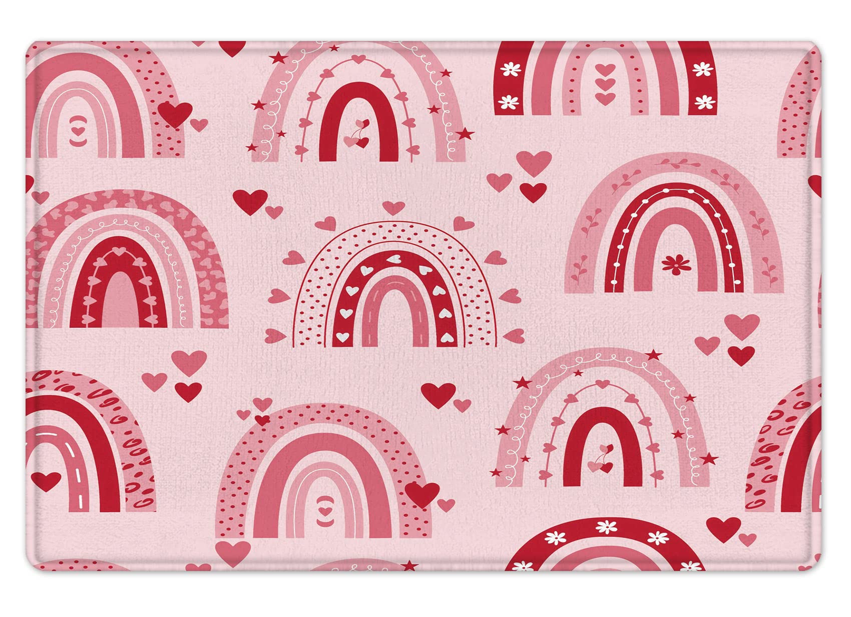 LB Valentines Day Bathroom Rug Boho Rainbow with Love Heart Bath Mat Romantic Pink and Red Striped Doormat Non Slip Memory Foam Super Absorbent Floor Mats,24Wx16H Inch