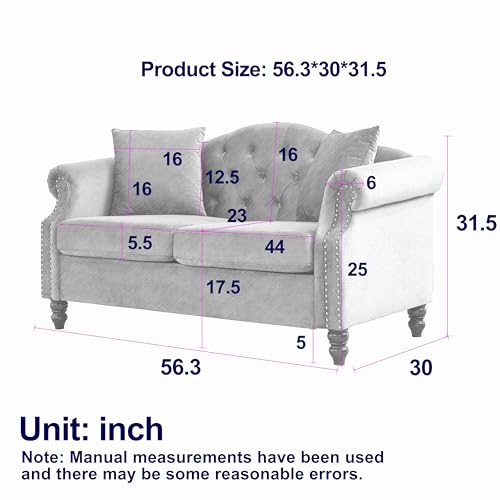 57" Chesterfield Sofa with 2 Pillows,2 Seater Sofa Tufted Couch with Rolled Arms and Nailhead for Living Room, Bedroom, Office, Apartment(Grey)