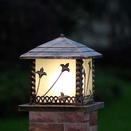 MODEBHD Outdoor Waterproof Post Light Square Antique Metal Column Post Light Rainproof Courtyard Lawn Pillar Lamp European Home Decor Villa Garden Wall Sconce Lantern External Safety Lighting