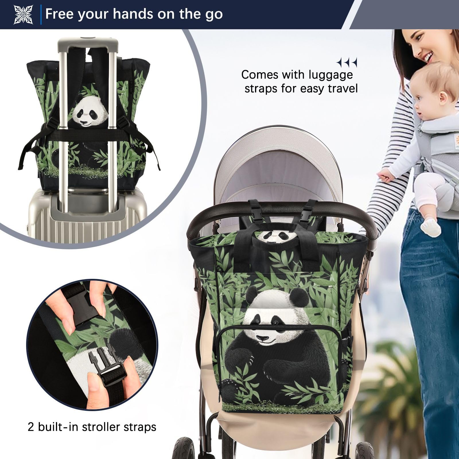 xigua Panda Bear Black Diaper Bag Backpack Multi Function Baby Changing Bags Waterproof Large Capacity Travel Back Pack for Mom Dad