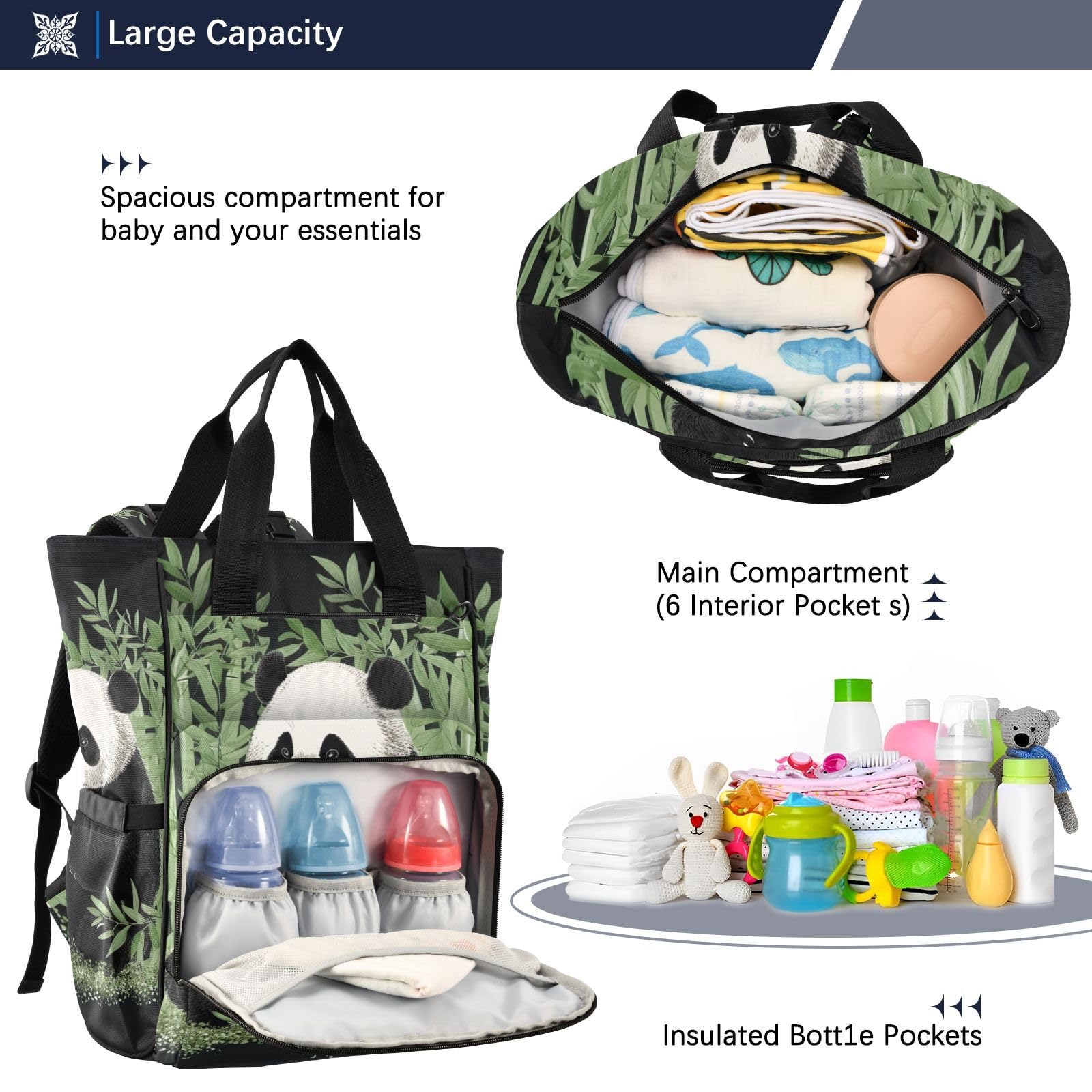 xigua Panda Bear Black Diaper Bag Backpack Multi Function Baby Changing Bags Waterproof Large Capacity Travel Back Pack for Mom Dad