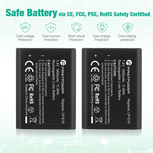 FirstPower Replacement LP-E10 Batteries Compatible with Canon EOS Rebel T3, T5, T6, T7, T100, Kiss X50, Kiss X70, 1100D, 1200D, 1300D, 2000D Cameras (2-Pack 1600mAh)