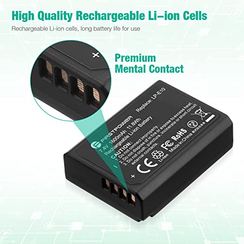 FirstPower Replacement LP-E10 Batteries Compatible with Canon EOS Rebel T3, T5, T6, T7, T100, Kiss X50, Kiss X70, 1100D, 1200D, 1300D, 2000D Cameras (2-Pack 1600mAh)