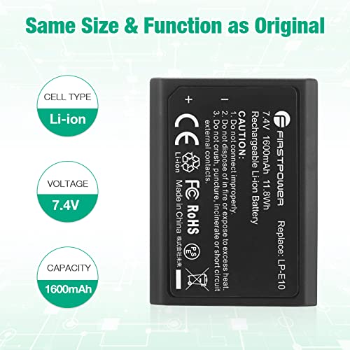 FirstPower Replacement LP-E10 Batteries Compatible with Canon EOS Rebel T3, T5, T6, T7, T100, Kiss X50, Kiss X70, 1100D, 1200D, 1300D, 2000D Cameras (2-Pack 1600mAh)