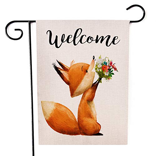 Welcome Garden Flag Cute Little Fox with Floral Bouqet Double Sided Decorative Small Yard Decor Flags 12 X 18 Inch