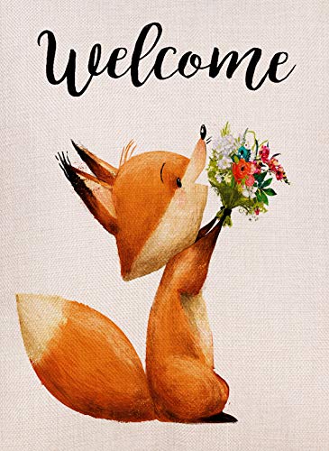 Welcome Garden Flag Cute Little Fox with Floral Bouqet Double Sided Decorative Small Yard Decor Flags 12 X 18 Inch