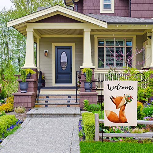Welcome Garden Flag Cute Little Fox with Floral Bouqet Double Sided Decorative Small Yard Decor Flags 12 X 18 Inch