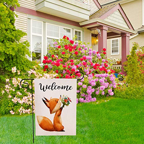 Welcome Garden Flag Cute Little Fox with Floral Bouqet Double Sided Decorative Small Yard Decor Flags 12 X 18 Inch