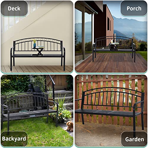 LETKIND 59" Outdoor Patio Bench w/Pullout Middle Table Garden Metal Benches Double Seat Porch Bench, Cast Tube Steel Frame Outside Black Bench for Backyard, Park, Deck, Lawn