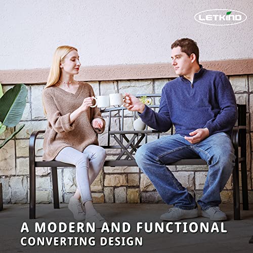 LETKIND 59" Outdoor Patio Bench w/Pullout Middle Table Garden Metal Benches Double Seat Porch Bench, Cast Tube Steel Frame Outside Black Bench for Backyard, Park, Deck, Lawn