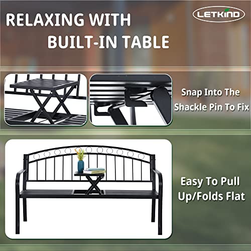 LETKIND 59" Outdoor Patio Bench w/Pullout Middle Table Garden Metal Benches Double Seat Porch Bench, Cast Tube Steel Frame Outside Black Bench for Backyard, Park, Deck, Lawn