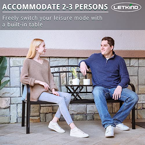 LETKIND 59" Outdoor Patio Bench w/Pullout Middle Table Garden Metal Benches Double Seat Porch Bench, Cast Tube Steel Frame Outside Black Bench for Backyard, Park, Deck, Lawn