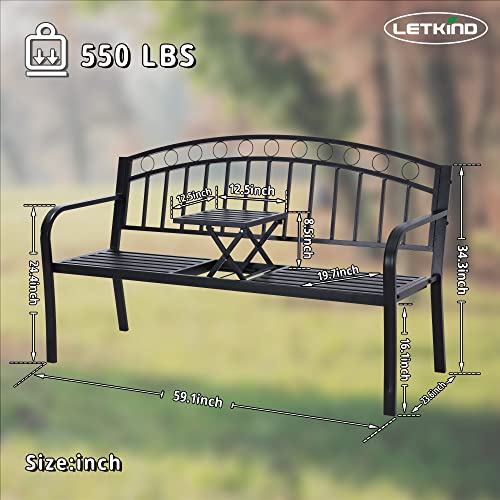 LETKIND 59" Outdoor Patio Bench w/Pullout Middle Table Garden Metal Benches Double Seat Porch Bench, Cast Tube Steel Frame Outside Black Bench for Backyard, Park, Deck, Lawn