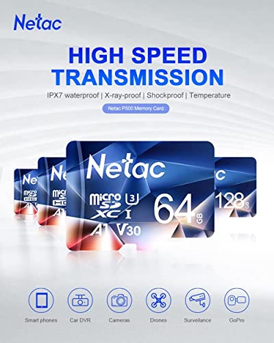 Netac Micro SD Card 64GB 2 Packs, Mini TF Memory Card with up to 100 MB/s, UHS-1, U3, Class 10, SDXC, EXFAT, V30, A1, 4K, UHD, FHD
