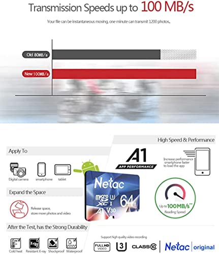 Netac Micro SD Card 64GB 2 Packs, Mini TF Memory Card with up to 100 MB/s, UHS-1, U3, Class 10, SDXC, EXFAT, V30, A1, 4K, UHD, FHD