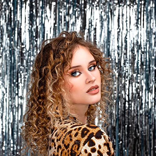 Dazzle Bright Backdrop Curtain, 3FT x 8FT Metallic Tinsel Foil Fringe Curtains Photo Booth Background for Baby Shower Party Birthday Wedding Engagement Bridal Shower (4, Silver)