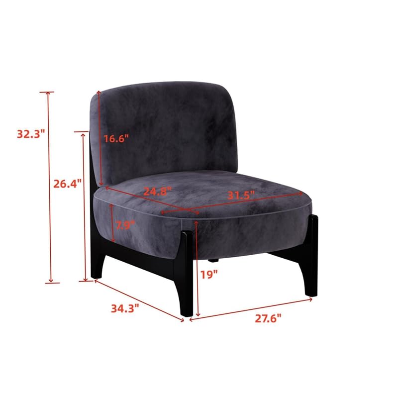 1 Piece Upholstered Velet Fabric Mid Century Modern Accent Chair with Solid Wood Frame, Comfy Armless Chair for Living Room, Bedroom, Reading, Balcony,Black
