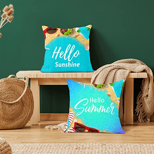 Outdoor Summer Pillow Covers 18x18 inch Set of 2 Teal Hello Sunshine Decorative Throw Pillow Covers Pillowcase Summer Decorations for Patio Garden Porch (18"x18", Hello Summer)