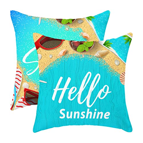 Outdoor Summer Pillow Covers 18x18 inch Set of 2 Teal Hello Sunshine Decorative Throw Pillow Covers Pillowcase Summer Decorations for Patio Garden Porch (18"x18", Hello Summer)