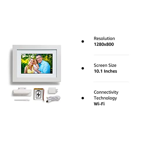 PhotoSpring 10in WiFi Digital Picture Frame with Battery, Send Photos from Anywhere via Email, App, or Web, Easy Touch Screen Setup, 1280x800 Display, Plays Videos, White