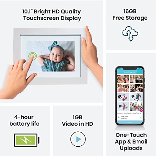PhotoSpring 10in WiFi Digital Picture Frame with Battery, Send Photos from Anywhere via Email, App, or Web, Easy Touch Screen Setup, 1280x800 Display, Plays Videos, White