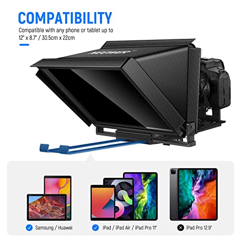 NEEWER X12 Aluminum Teleprompter with RT-110 Remote Control (Connected via Bluetooth on NEEWER Teleprompter App) & Carry Case, Compatible with iPad, iOS/Android Tablets, Smartphones, DSLRs (Black)