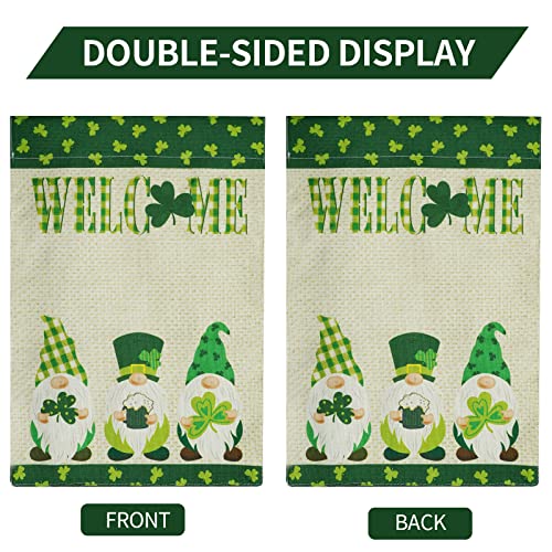 St Patricks Day Garden Flag with Lights, Welcome Gnome Shamrock Garden Flag Double Sided Yard Flags for Lawn Party St Patricks Day Outdoor Decorations 12 x 18 Inch