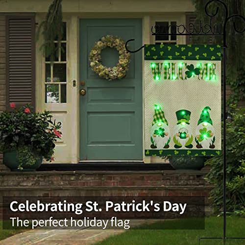 St Patricks Day Garden Flag with Lights, Welcome Gnome Shamrock Garden Flag Double Sided Yard Flags for Lawn Party St Patricks Day Outdoor Decorations 12 x 18 Inch