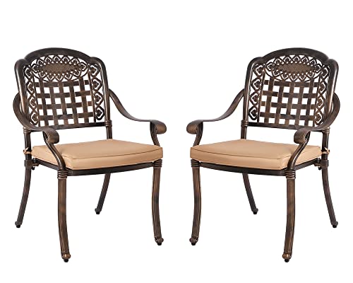 OKIDA 2 Piece Outdoor Dining Chairs, Cast Aluminum Chairs with Armrest, Patio Bistro Chair Set of 2 for Garden, Backyard (Mesh Design with Khaki Cushion)
