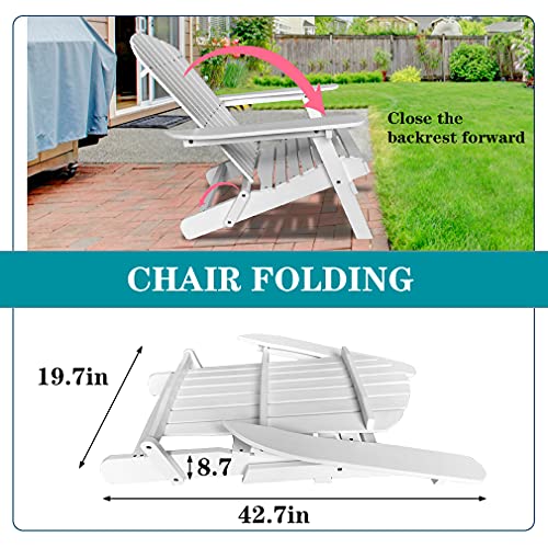 Adirondack Chair,Folding Wooden Lounger Chair,All-Weather Chair for Fire Pit/Garden/Fish with 250lbs Duty Rating,White