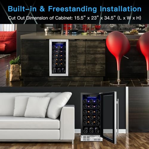 33 Bottle Evolution Series Wine Cooler, 20 Inch Wine Refrigerator for 33 Bottles and Tempered Glass Door，Small Refrigerator for Beverage Storage (33-bottles)