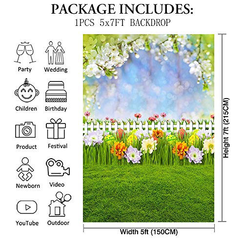 Swepuck 5x7ft Durable Fabric Easter Backdrop Spring Flowers Green Grass Fence Eggs Bokeh Sky Photography Background Baby Kid Children Portrait Floral Party Decoration Photo Booth Studio Props
