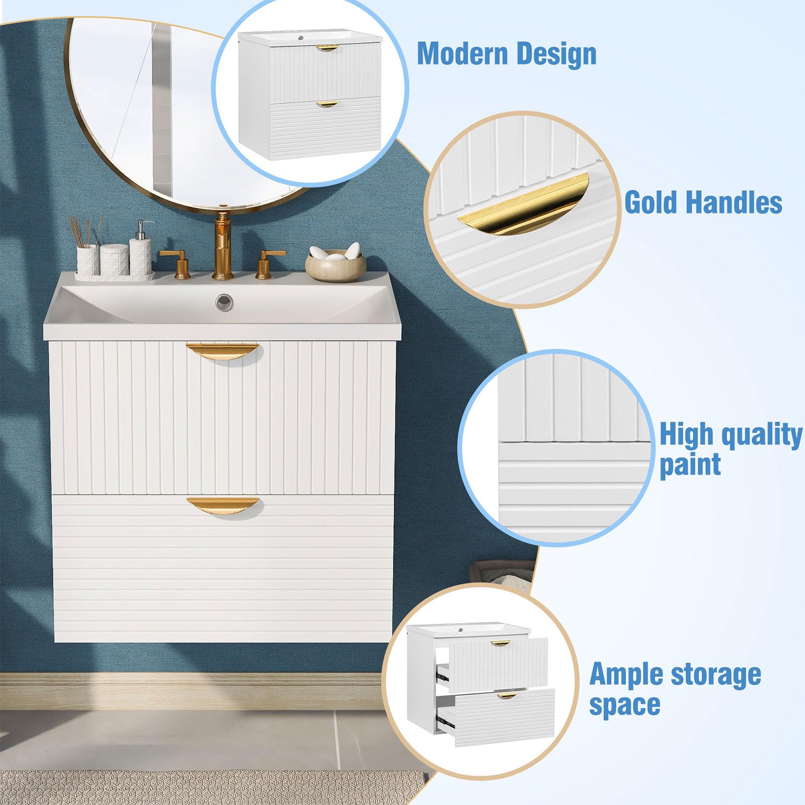 Appot WF311074AAK Modern 24-Inch Wall-Mounted Bathroom 2 Drawers, Bath Room Vanities with Ceramic Basin Sink (Faucet Not Included), White
